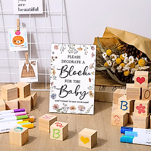 Qilery 75 Pcs Baby Shower Games Sign Kit Including Wildflower Game Sign Wooden Table Sign 50 DIY Blank Wooden Block 24 Acrylic Paint Marker Baby Shower Prize for Winners Gender Reveal