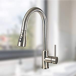 Kitchen Faucet with Pull Down Sprayer，Single Handle Kitchen Sink Faucet with Pull Out Sprayer，High Arc，Stainless Steel Kitchen Faucets with Deck Plate，Brushed Nickel KC-98001BS