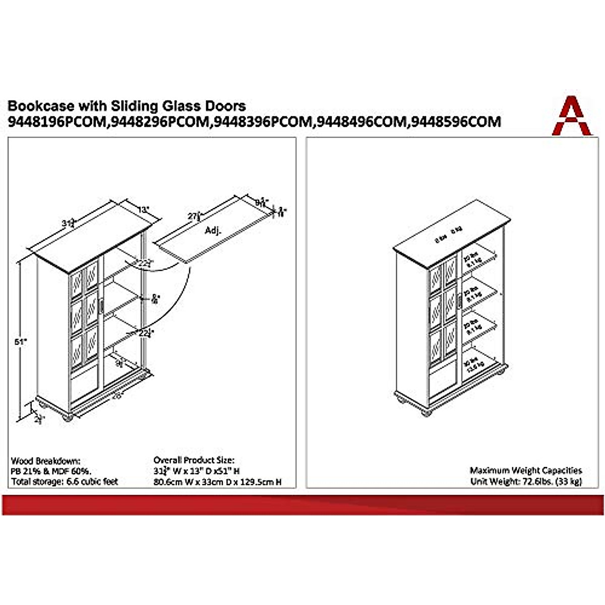 Ameriwood Home Aaron Lane 4 tier Bookcase with Sliding Glass Doors, Black