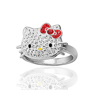 SALLY ROSE Sanrio Hello Kitty Womens Ring Size 5 - Silver Plated Crystal Hello Kitty Ring - Hello Kitty Jewelry Officially Licensed