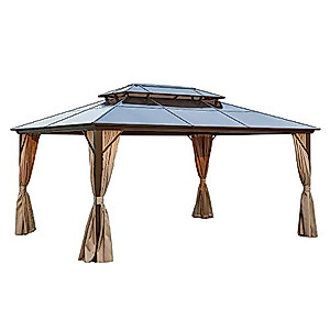 MELLCOM 12 x 16ft Polycarbonate Hardtop Gazebo, Double Roof Aluminum Gazebo, Outdoor Waterproof Gazebo with Netting and Curtains for Patios, Garden, Deck, Lawns