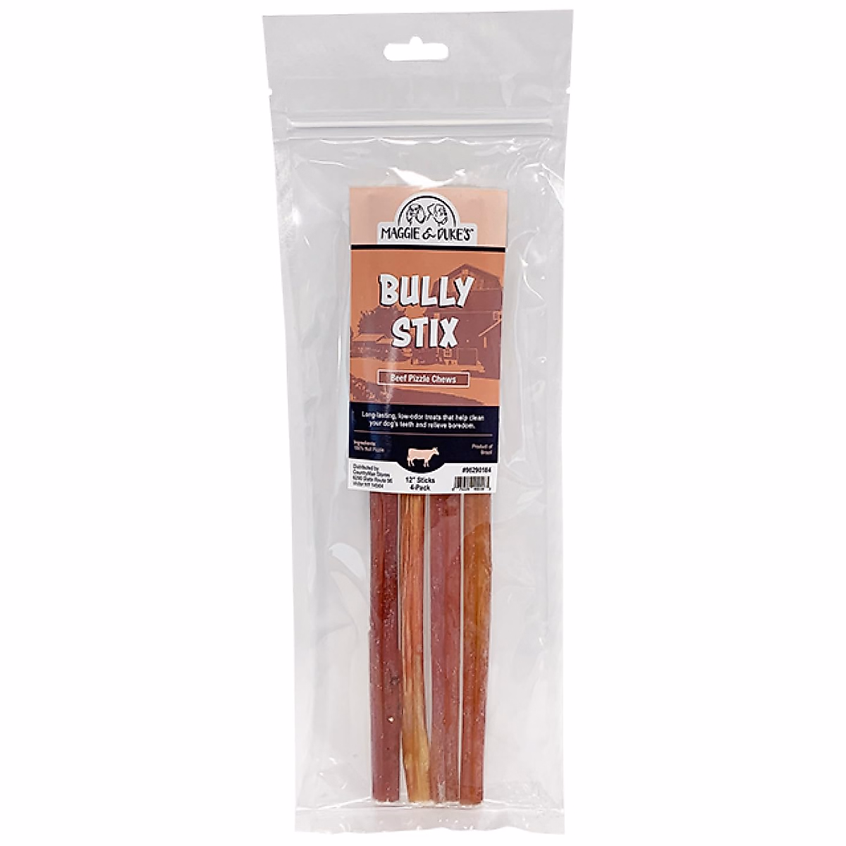 CountryMax Maggie & Duke's Natural Bully Stix Beef Pizzle Long Lasting, Low Odor Dog Chew Treats for Dental Health (12 Inches, 1, Count)