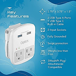 Ceptics World Travel Adapter Kit - QC 3.0 2 USB + 2 US Outlets, Surge Protection, Plugs for Europe, UK, China, Australia, Japan - Perfect for Laptop, Cell Phones, Cameras - Safe ETL Tested