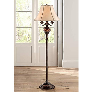 Barnes and Ivy Traditional Standing Floor Lamp Multi 4-Light 63" Tall Antique Bronze Copper Gold Tortoise Glass Font Fabric Bell Shade Candelabra Decor for Living Room Reading House Bedroom