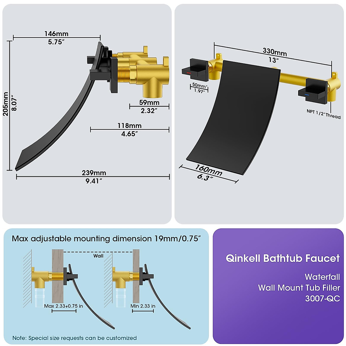 Qinkell Wall Mount Tub Faucet Matte Black Waterfall Tub Fill Roman Bathtub Faucet High Flow Brass Bathroom Bathtub Faucets with Rough-in Valve and 2 Handles