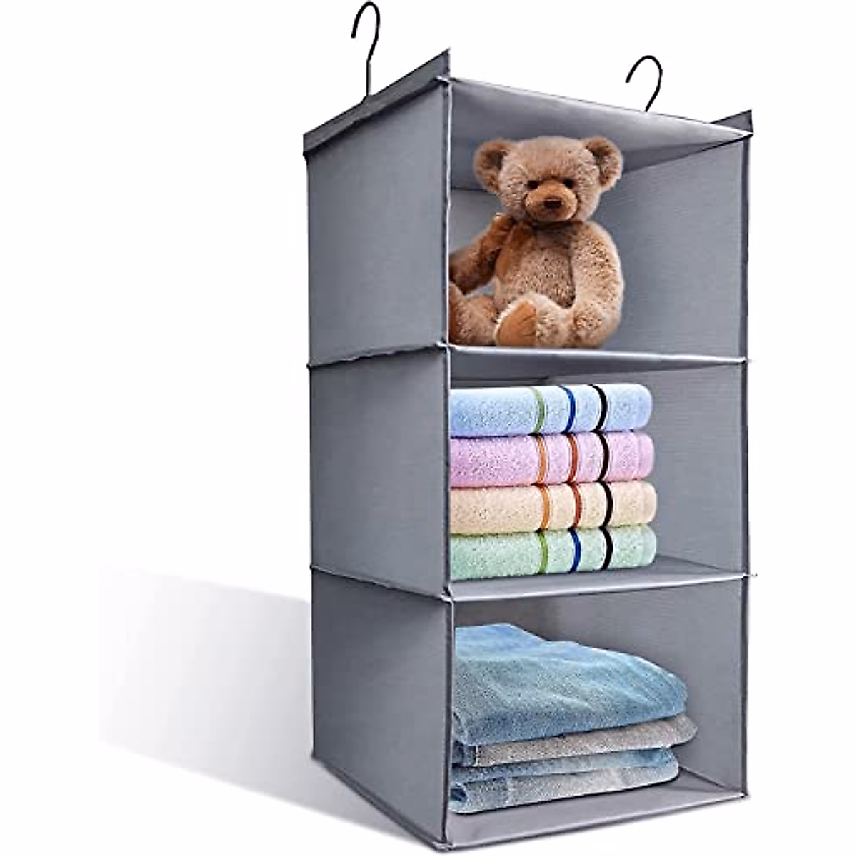 FYY 3-Shelf Hanging Closet Organizers and Storage, Collapsible Heavy Duty Closet Organizer Shelves, Waterproof Washable Fabric Shelves, 23.6" H x 12.2" W x 12.2" D, Grey