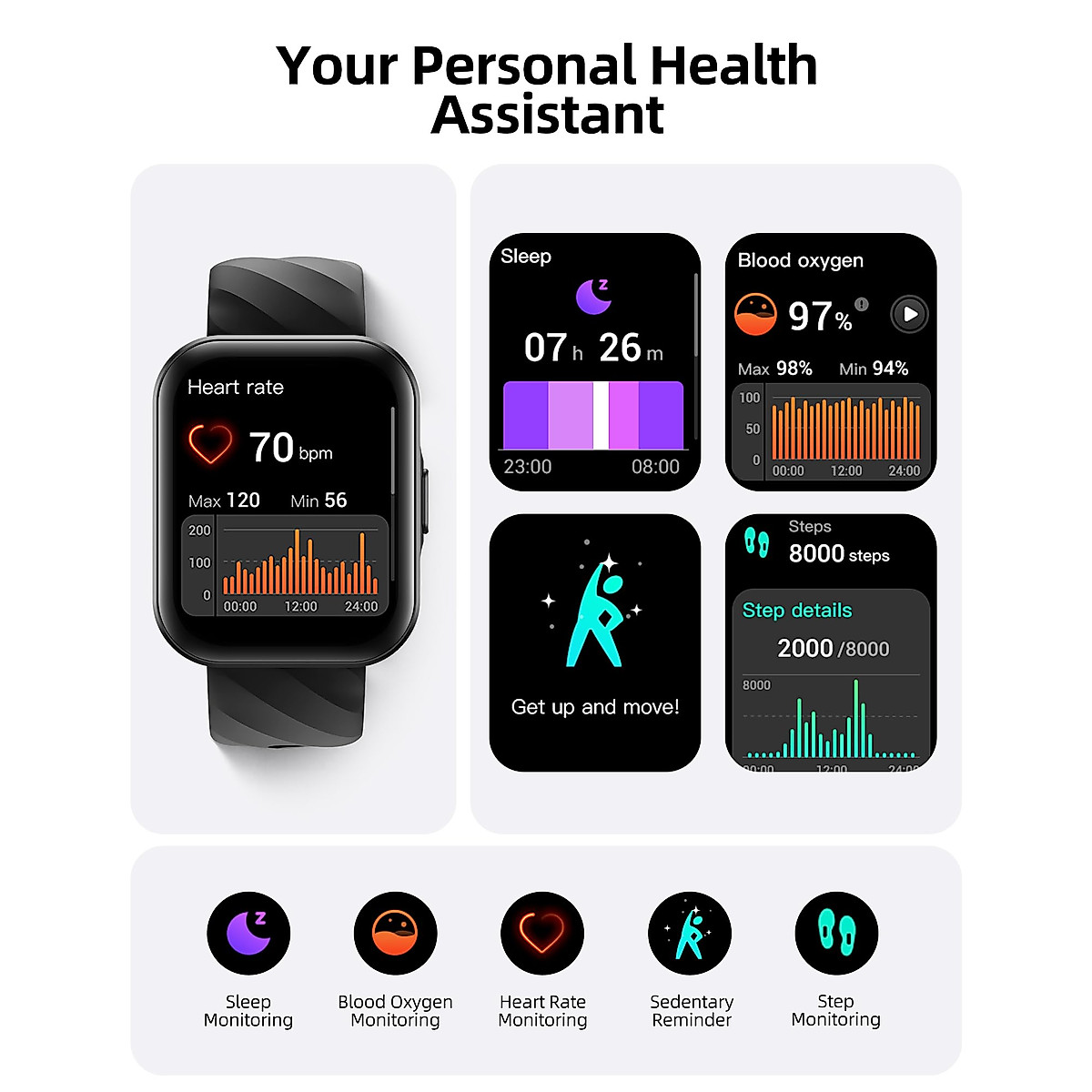 Parsonver Smart Watch for Women Men, 1.69"(43mm) Smartwatch for Android Phones and iPhone Compatible IP68 Waterproof Fitness Watch with HD Touch Screen Sleep Tracker Heart Rate Pedometer