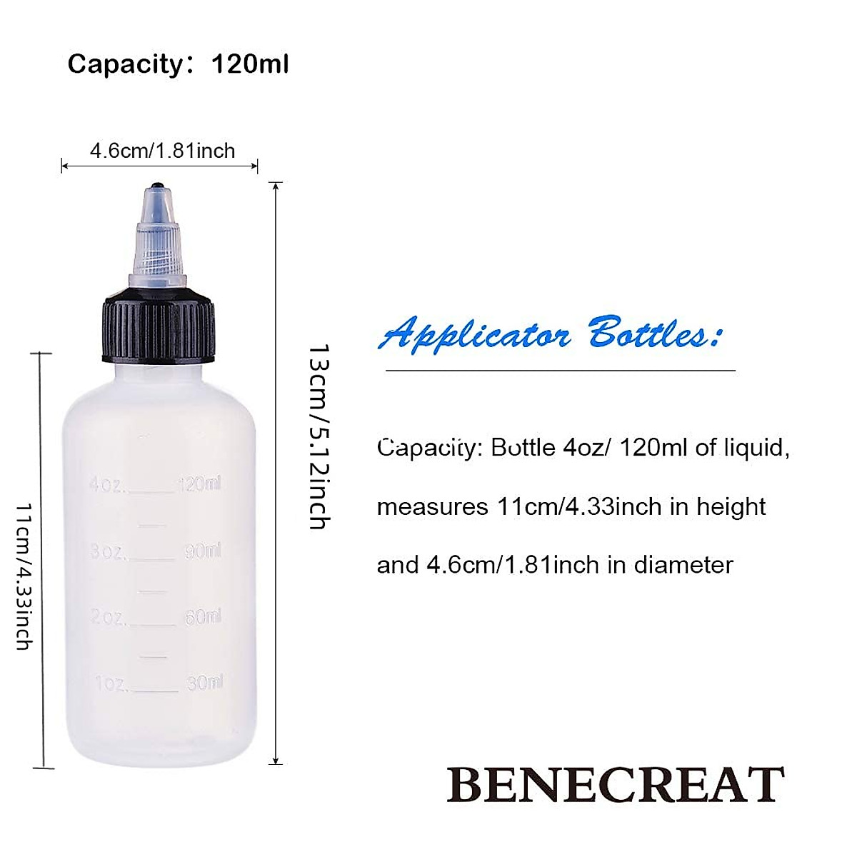 BENECREAT 12 Pack 4 Ounce Plastic Squeeze Dispensing Bottles with Black Twist Cap and Measurement, Open/Close Nozzle - Good for Crafts, Art, Glue, Multi Purpose