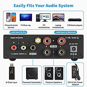 Fosi Audio BL20C 320 Watts Bluetooth 5.0 Stereo Audio Receiver Amplifier 2.1 CH Mini Hi-Fi Class D TDA7498E Integrated Amp U-Disk Player for Home Passive Speakers Powered Subwoofer(with Power Supply)