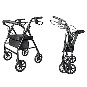 Rollator Walker with Seat, Steel Rolling Walker with 8-inch Wheels Supports up to 286.6lbs,Rolling, for Injuries, Seniors, & Adults (Black)