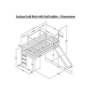JACKPOT! Castle Low Loft Bed with Slide Red & Blue Tent and Tower, Loft Bed, Twin, White