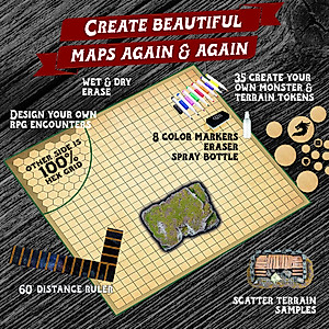 Parchment of Planning - 24x24 Square & Hex Dry Erase Battle Mat Game Board - 60FT Distance Ruler and Monster Tokens