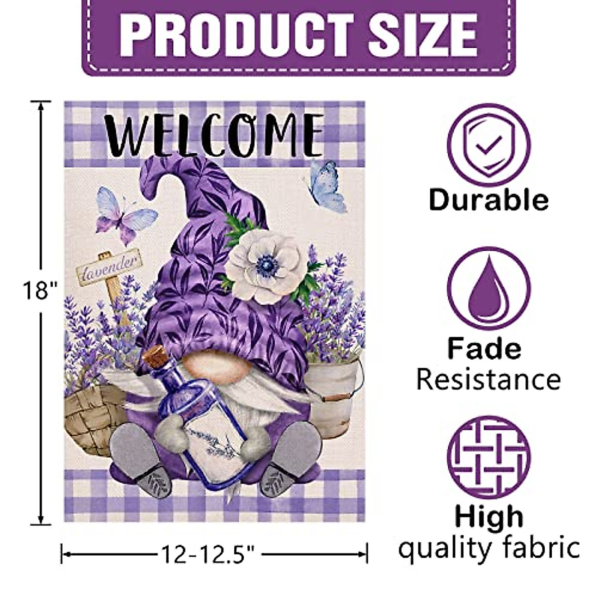 Dyrenson Welcome Spring Gnome Lavender Anemone Flower Decorative Garden Flag, Purple Buffalo Plaid Check Butterfly Floral House Yard Outside Decorations, Summer Farmhouse Outdoor Small Decor 12x18