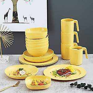 Kyraton Plastic Dinnerware Sets of 20 Pieces, Unbreakable And Reusable Light Weight Plates Mugs Bowls Dishes Easy to Carry And Clean Microwave Safe BPA Free Dishwasher Safe Service For 4 (Gold Yellow)