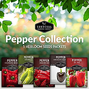Survival Garden Seeds Sweet Pepper Collection Seed Vault - Non-GMO Heirloom Seeds for Planting - California Wonder Bell, Marconi Red, Cubanelle, Chocolate Beauty, and Big Red Peppers