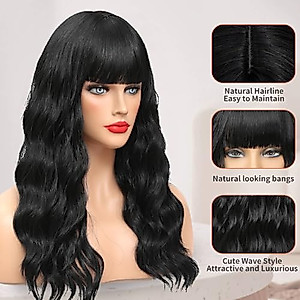 WAVE&BREEZE Black Wigs for Women 18inch Long Wavy Curly Hair Wigs with Bangs Synthetic Replacement Wigs Heat Resistant Fiber Party Costume Wig(18inch Natural Black)