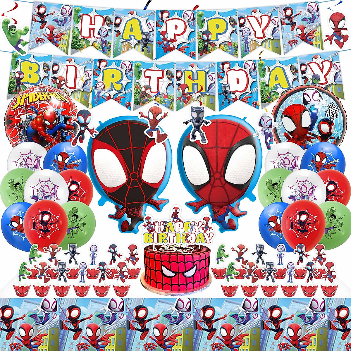 Spidey and His Amazing Friends Birthday Decorations, Spidey and Friends Party Supplies Include Banner, Foil Balloons, Cake Toppers, Tablecloth for Spidey Theme Party