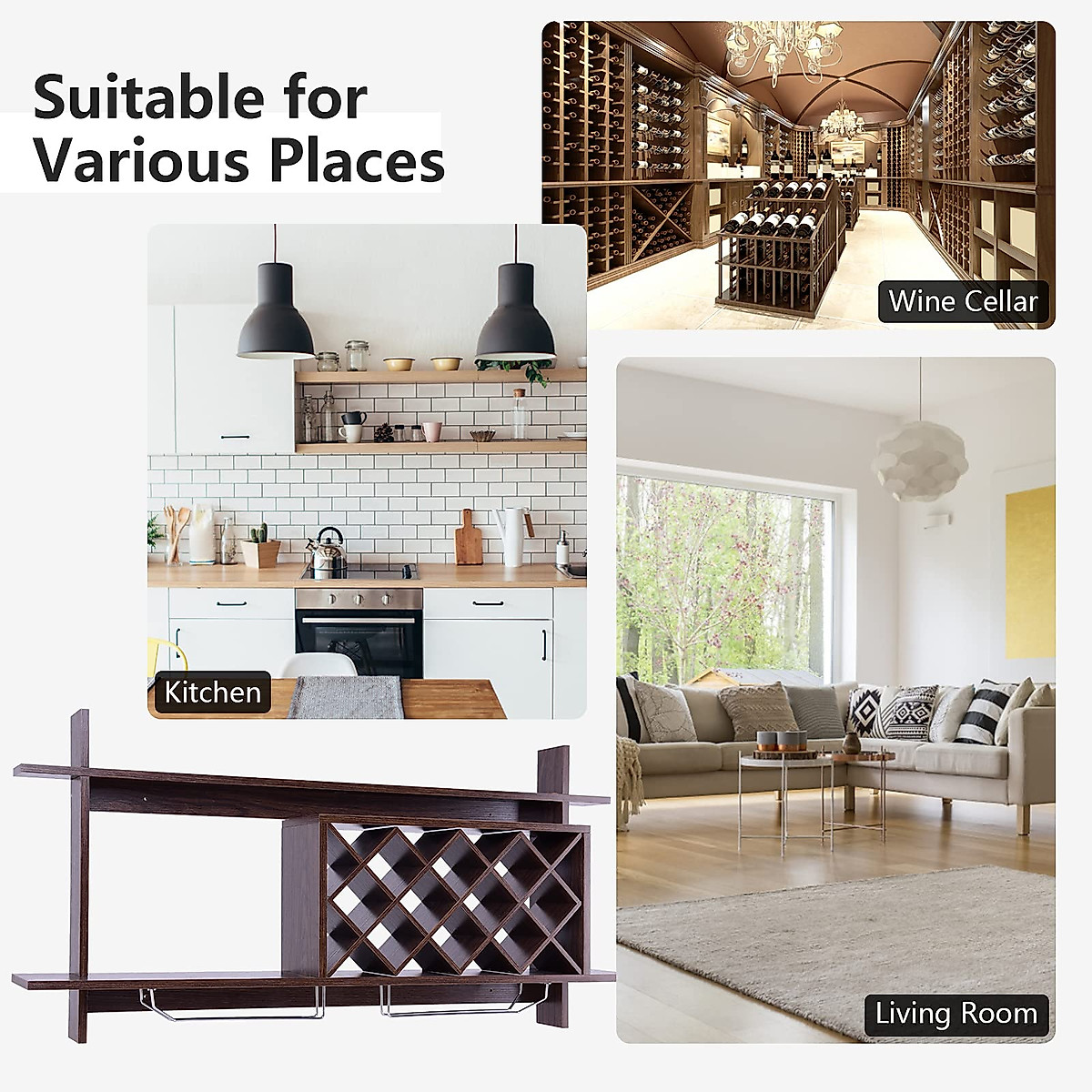 Giantex Wall Mounted Wine Rack Organizer W/Metal Glass Holder & Multifunctional Storage Shelf Modern Diamond-Shaped Wood Wine Server for 10 Bottles Wine Storage Display Rack (Black Walnut)