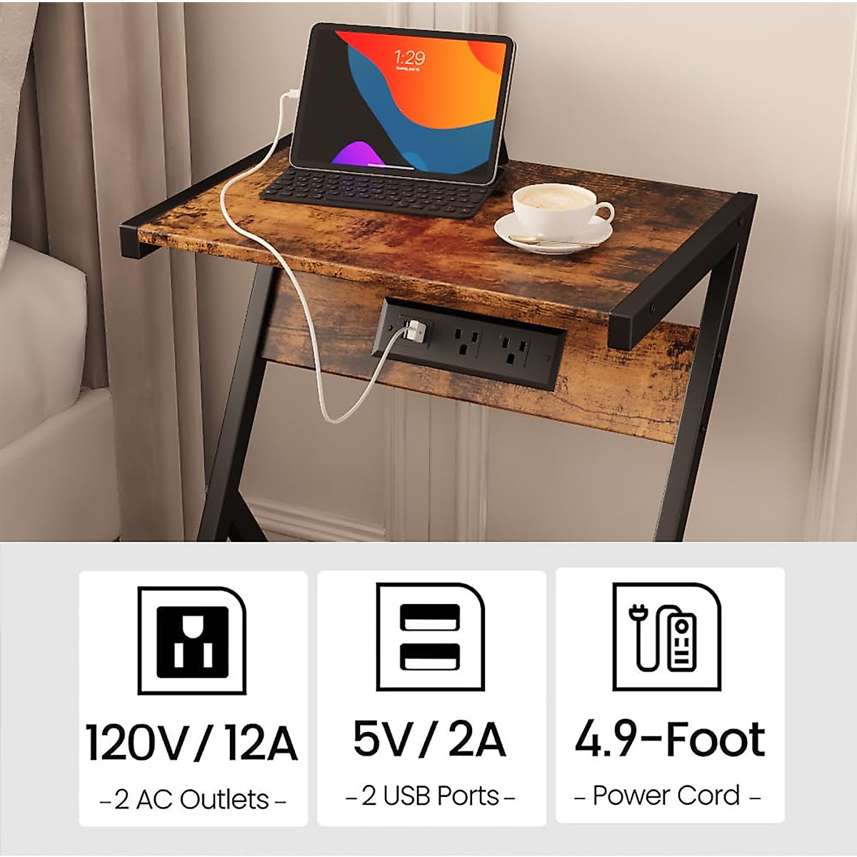 MMEOLUOOK C Shaped End Table with Charging Station Side Table, Printer Stand, nightstand Couch Table Metal Frame with Rolling Casters, Coffee Table for Living Bedroom Snack Laptop MLBZ77RE