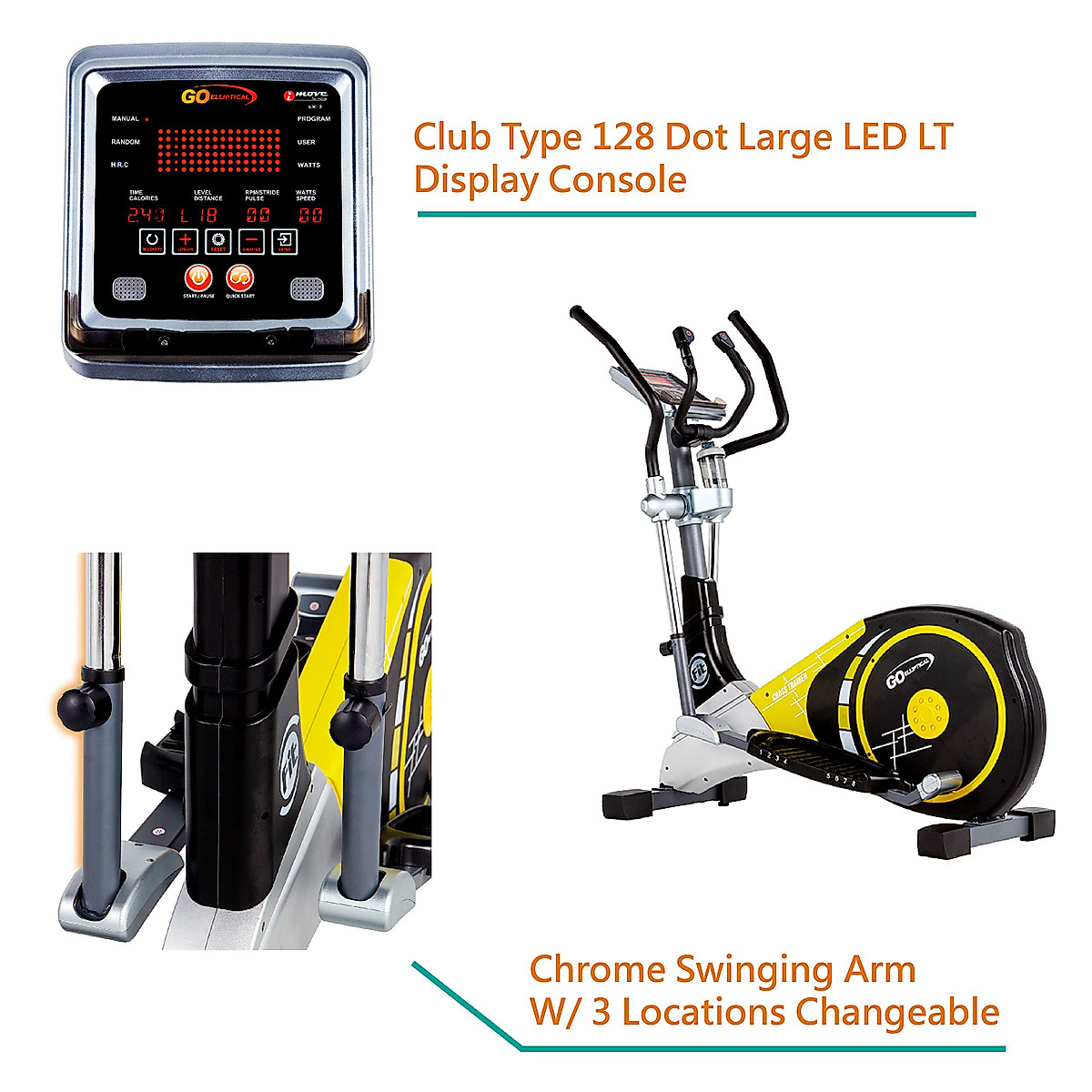 V-950X Extra Length Motorized 19" Stride Programmable Elliptical Cross Trainer - Cardio Fitness Strength Conditioning Workout for home use or gym (V-950X, Black/Yellow)