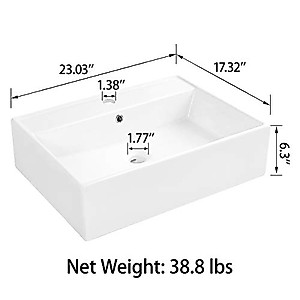 Sinber BVS2417A-OK 24" x 17" x 6.3" White Rectangular Ceramic Countertop Bathroom Vanity Vessel Sink