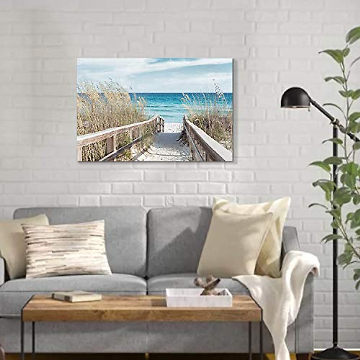 TAR TAR STUDIO Beach Artwork Seascape Wall Art: Seaside Painting Fence Pathway Picture Print on Wrapped Canvas for Living Room (36''W x 24''H, Multiple Sizes)