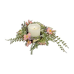 RIBC 11 Inch Wildflower Artificial Floral Candle Ring in Green, Pink and Purple with Natural Twig Base - Candle Holder for Pillar Candles and Glass Hurricanes, Green, Yellow, Pink, Orange