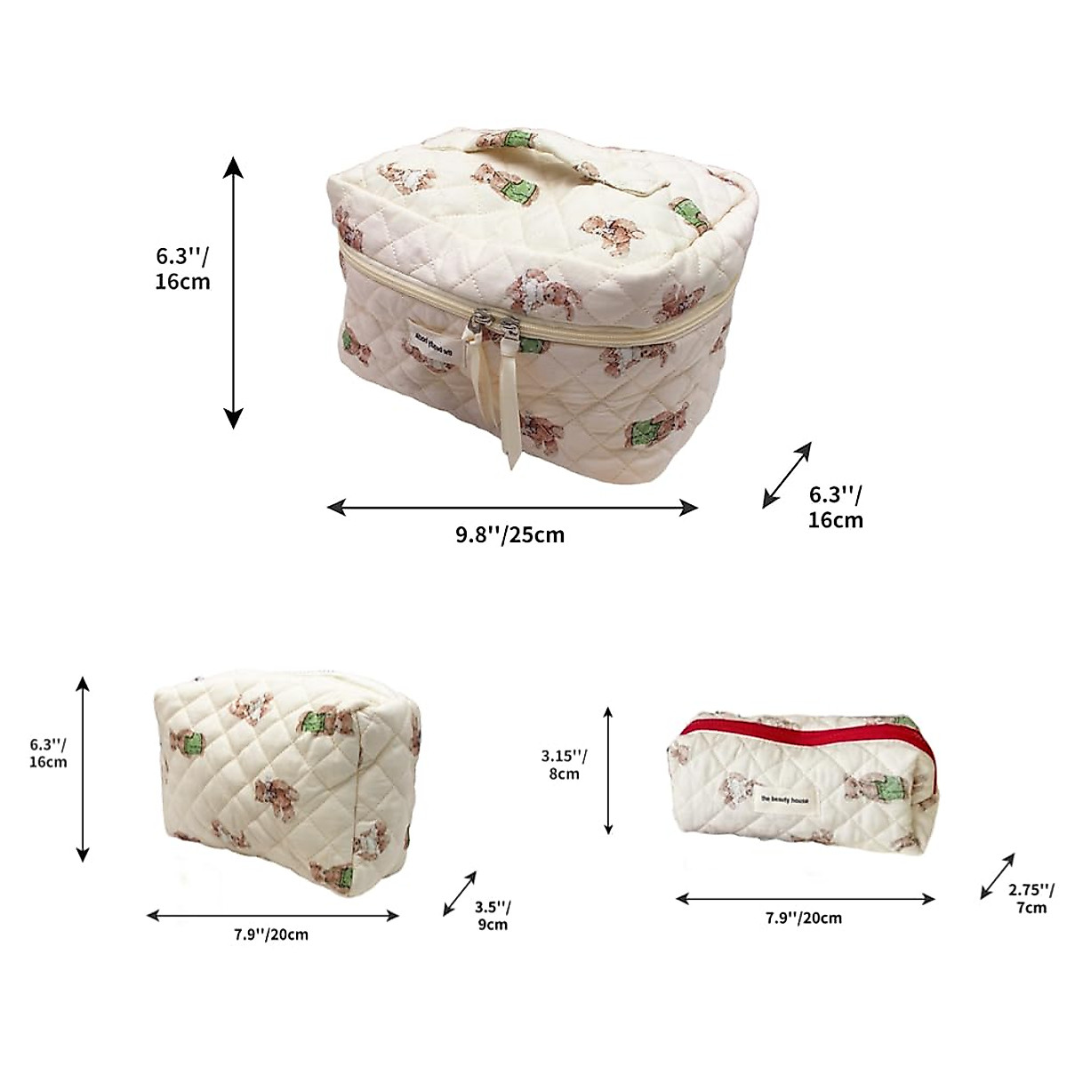 BILIPOPX 3 Pack Kawaii Cute Makeup Bag Bear Aesthetic Travel Quilted Cotton Cosmetic Bag Organizer Toiletry Pouch for Women Teen Girls (Bear Rabbit)