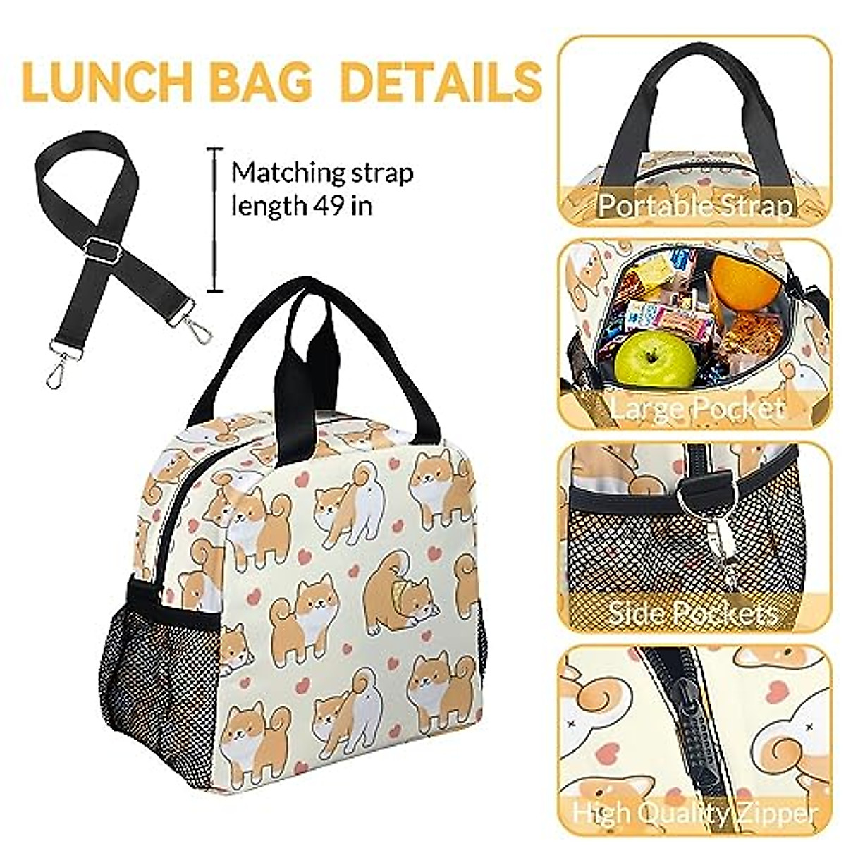 UNIKITTY Shiba Inu Backpack with LunchBox, Set of 3 School Backpacks Matching Combo, Cute Yellow Bookbag and Pencil Case Bundle