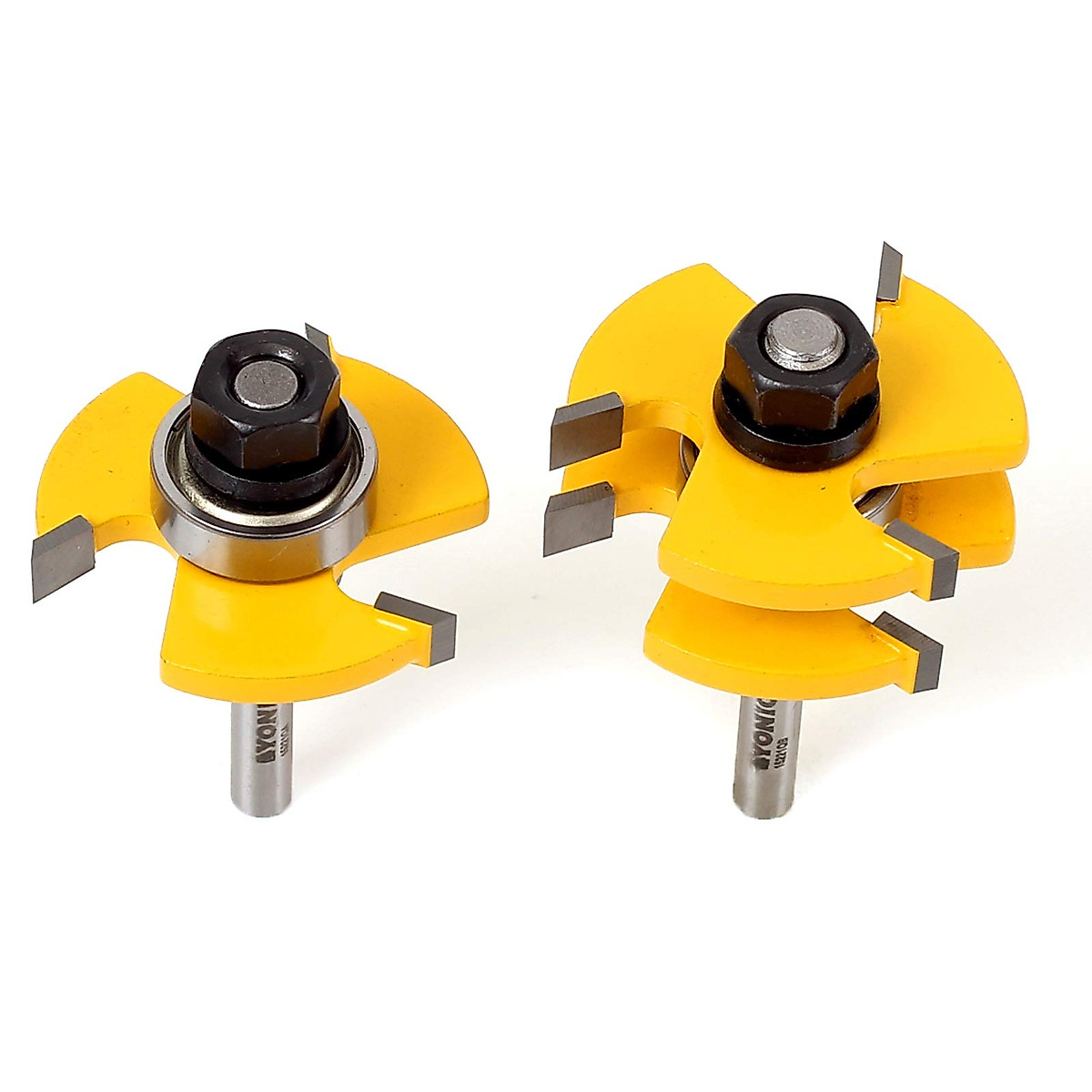 YONICO Tongue and Groove Router Bits Set Up to 3/4-Inch Stock 1/2" Cutting Depth 2 Bit Set 1/4-Inch Shank for Edge-to-Edge Hardwood Flooring, Paneling, Cabinet Door, Plywood Sheathing 15221q