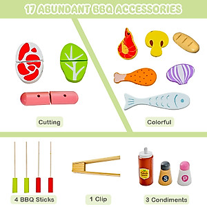 HONEY JOY Kids Pretend Barbecue Grill Playset, Wooden BBQ Toy Set w/ 17 Play Food& Cooking Accessories, 4 Solid Wood Legs, Interactive Kids Kitchen Playset Gift for Toddler Boys & Girls Age 3+