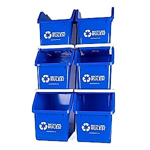 Recycling Rules 6 Gallon Stackable Recycling Bin Container in Blue, Eco-Friendly BPA-Free Handy Recycler with Handle, 6-Pack