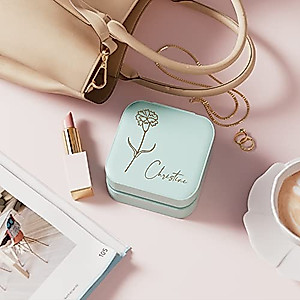 Personalized Travel Jewelry Box, Bridesmaid Gifts Valentines Day Gifts for Her, Birthday Gifts for Women Mom, Small Jewelry Organizer Case, Custom Name Birth Flower Leather Portable Storage Earrings