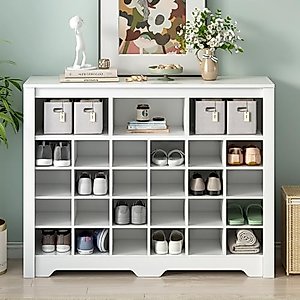 Goohome Sleek Design 24 Shoe Cubby Console, Modern 5-Tier Storage Shoe Cabinet with Curved Base, Versatile Sideboard for Hallway, Bedroom, Living Room, Space-Saving