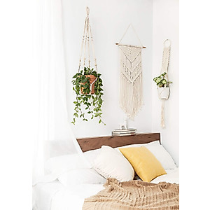 Mkono Macrame Plant Hanger Indoor 35 Inch Hanging Planter Basket Set of 2 and Boho Hanging Planter Metal Plant Hanger with Plastic Pots Fits 6 Inch Planter Set of 2