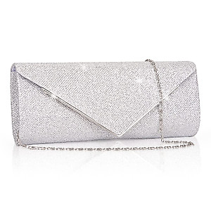 Larcenciel Clutch Purses for Women, Sparkling Envelope Evening Bag with Detachable Chain, Glitter Sequins Metal Formal Handbag Shoulder Crossbody Bag Prom Party Purse Bridal Wedding Clutch Bag(Sliver)