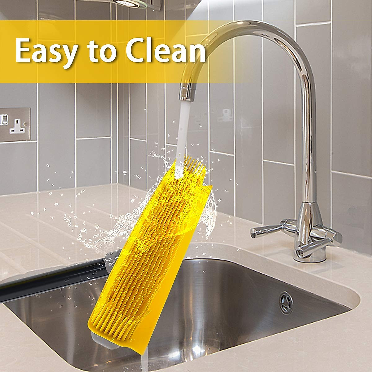 Pet Hair Broom Rubber Broom 59" Long Handle with Build-in Squeegee Silicone Broom for Sweeping Hardwood Floor Tile