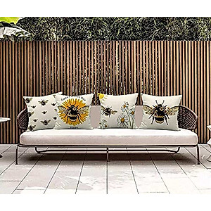 HUASHUZI Outdoor Waterproof Throw Pillow Covers Bee Cushions Pillows Case 18x18 Inch Set of 4 Patio Furniture Pillows Decorative for Home Garden Sofa Couch