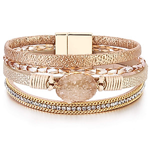 FANCY SHINY Boho Leather Wrap Bracelets Bohemian Crystal Bracelets Trendy Layered Bracelet with Magnetic Clasp Stackable Jewelry for Women (7.7", Gold)