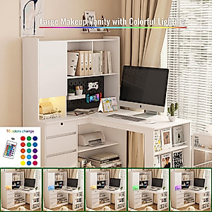 RuiSiSi Home Office L Shaped Corner Desk with Hutch, Drawers & Bookshelf, Modern Desk with LED Light, Study Table Writing Desk, Gaming Computer Desk with Storage, White