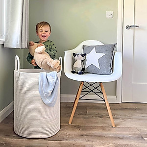 Goodpick Large Baby Laundry Basket, Woven Nursery Hamper for Clothes, Blankets, Toys, Towels, Decorative White Storage Baskets for Nursery, Living Room, Bedroom, 15 x 20 inches, 58L