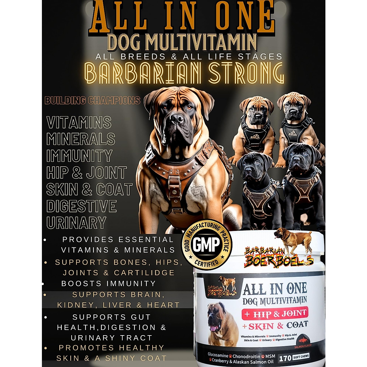 Barbarian Boerboels All in One Dog Multivitamin for Hip and Joint, Skin and Coat, 170 Count.