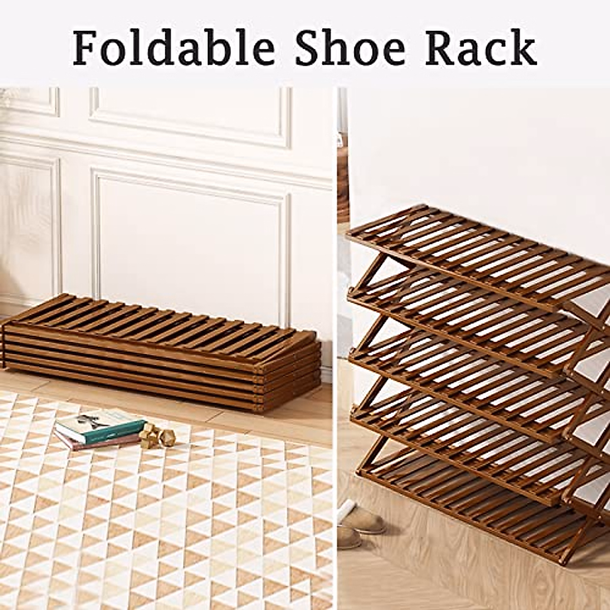 Kainice Large 5 Tier Bamboo Shoe Rack Foldable Natural Free Standing Shoe Shelf Shoe Storage Organizer for Closet, Porch, Entryway, Hallway, Cubby, Bathroom and Living Room