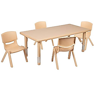 Flash Furniture Emmy 24"W x 48"L Rectangular Natural Plastic Height Adjustable Activity Table Set with 4 Chairs