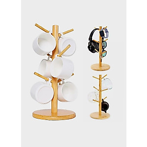 NAWAZJEE Coffee Cup Holder Coffee Cup Stand Coffee Mug Tree Wooden Coffee Cup Holder for Countertop Thick Base Coffee Mug Holder with 6 Hooks Mug Stand Mug Rack Space Saver