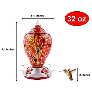 WOSIBO Hummingbird Feeder for Outdoors Patio Large 32 Ounces Colorful Hand Blown Glass Hummingbird Feeder with Ant Moat Hanging Hook, Rope, Brush and Service Card (RED-Firework)
