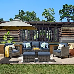 ovios Patio Furniture Set 6-Pieces Outdoor Wicker Sofa Couch with Glass Table Comfy Cushions Rattan Conversation Set for Backyard Deck Porch, Denim Blue