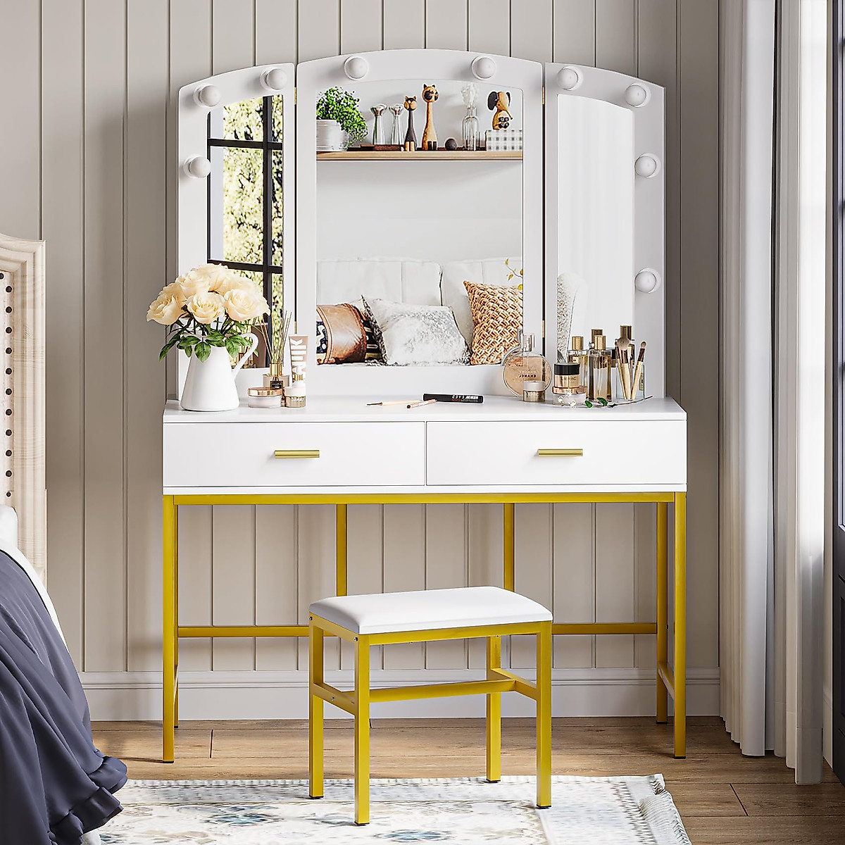 Semiocthome Vanity Desk with Mirror and Lights, Tri-Fold Large Mirror Makeup Vanity Desk with Lights, 60" Tall White Vanity Table with Mirror with Lights and Chairs, Vanities for Women/Girls Bedroom