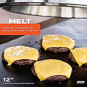 OUII Flat Top Griddle Accessories Set for Blackstone and Camp Chef Griddle - 12 Inch Heavy Duty Round Basting Cover Cheese Melting Dome with Cast Iron Burger Bacon Press & Basting Brush
