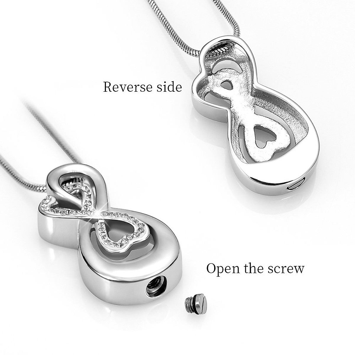 Infinity Love Urn Pendant Stainless Steel Snake Chain Cremation Jewelry for Ashes for Woman Free Filling Tools Include